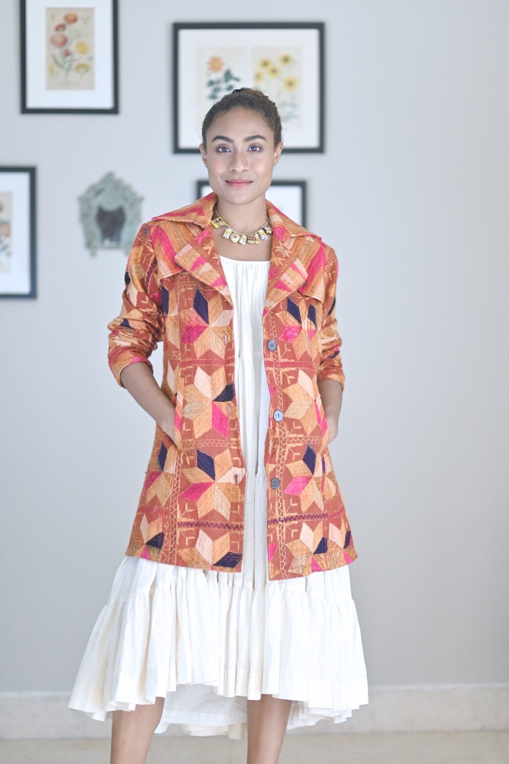 Medium/tripta/heritage Phulkari Fabric Trench Jacket for Women ...