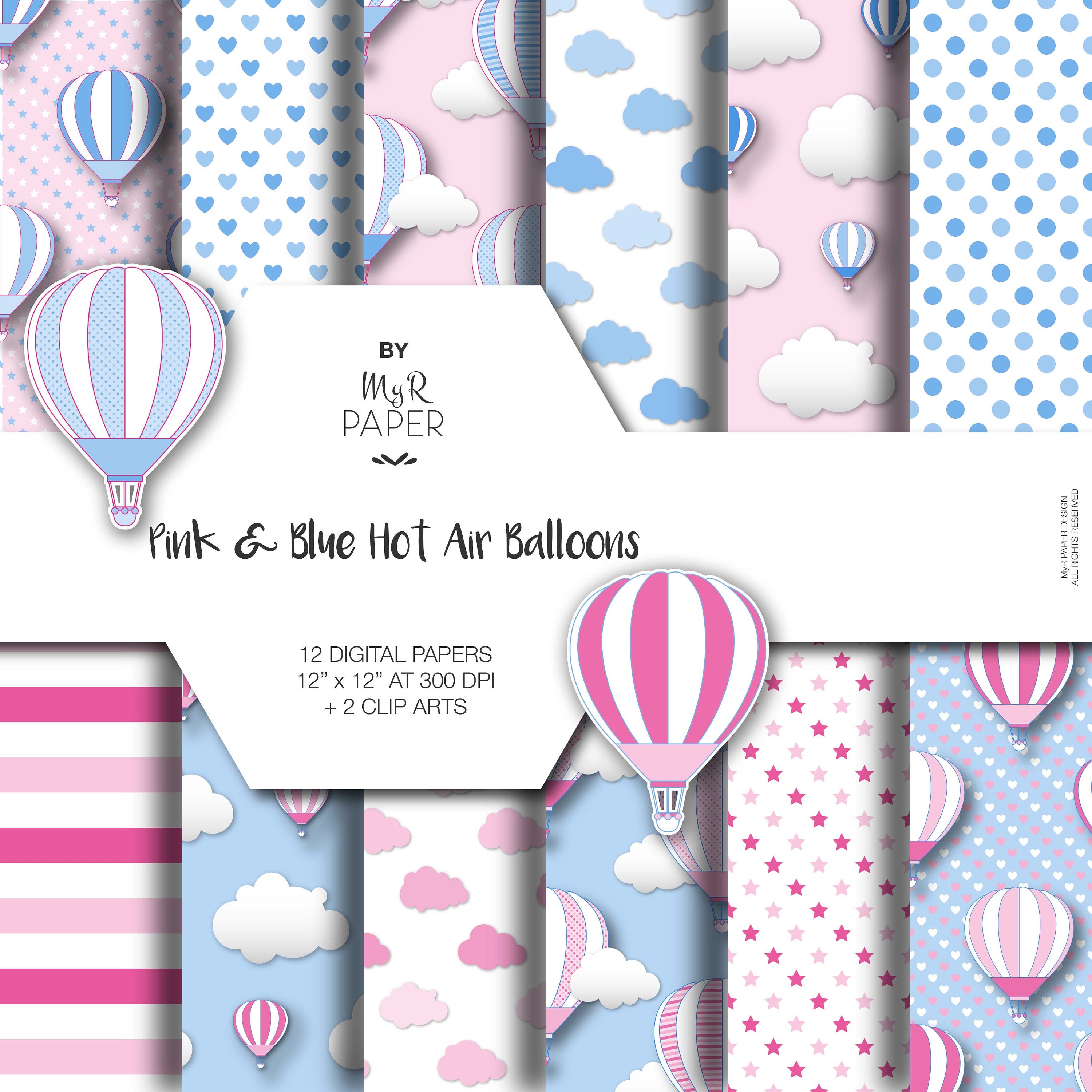 2 Clipart Hot Air Balloons Digital Paper: pink & Blue for Scrapbooking ...