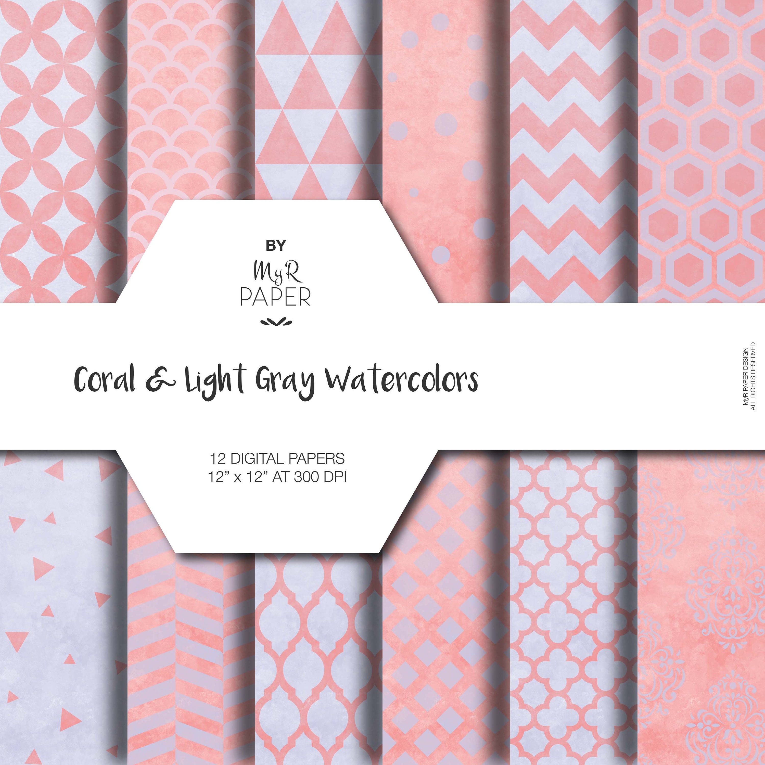 Watercolor Digital Paper: coral & Light Gray - Etsy