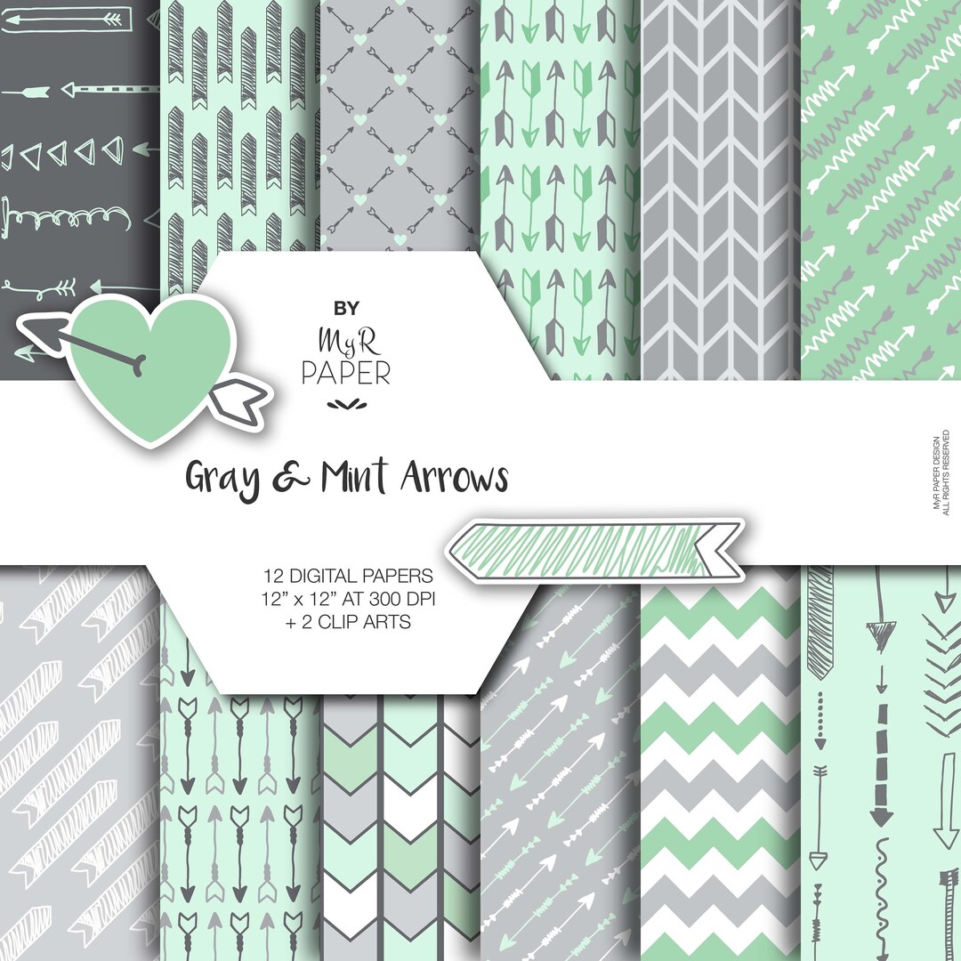 2 Clipart + Arrow Digital Paper: "gray & Mint Arrows" Backgrounds in ...
