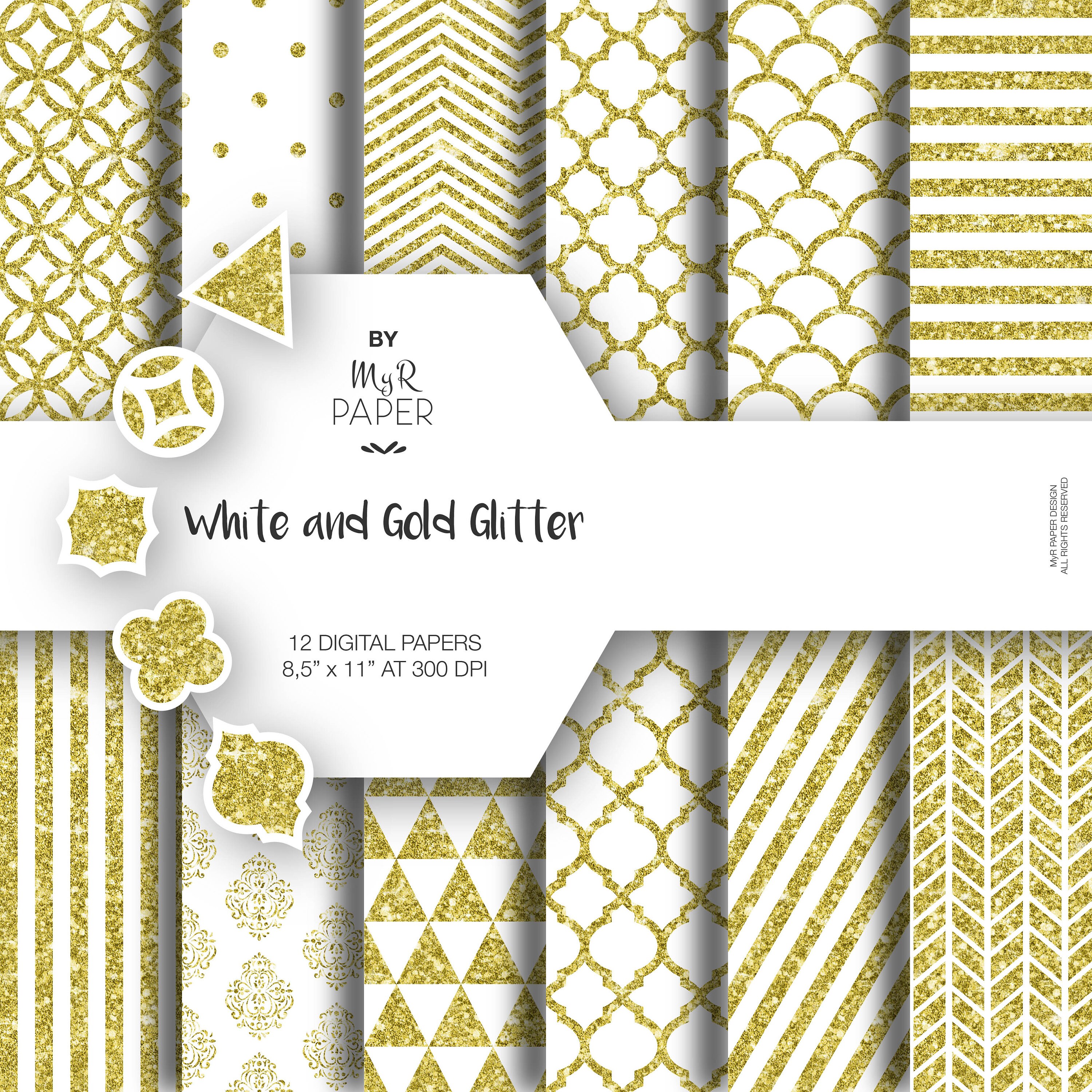 8,5 X 11 Digital Paper: white and Gold Glitter Printable Background ...