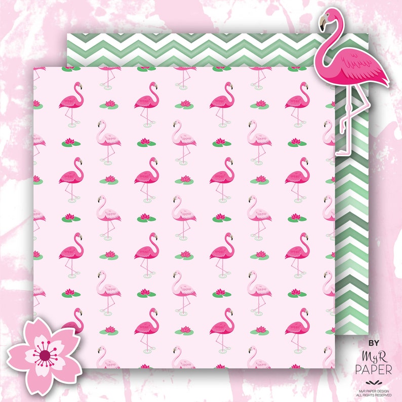 Flamingo Digital Paper 2 Clipart: pink & Green Tropical Backgrounds W ...