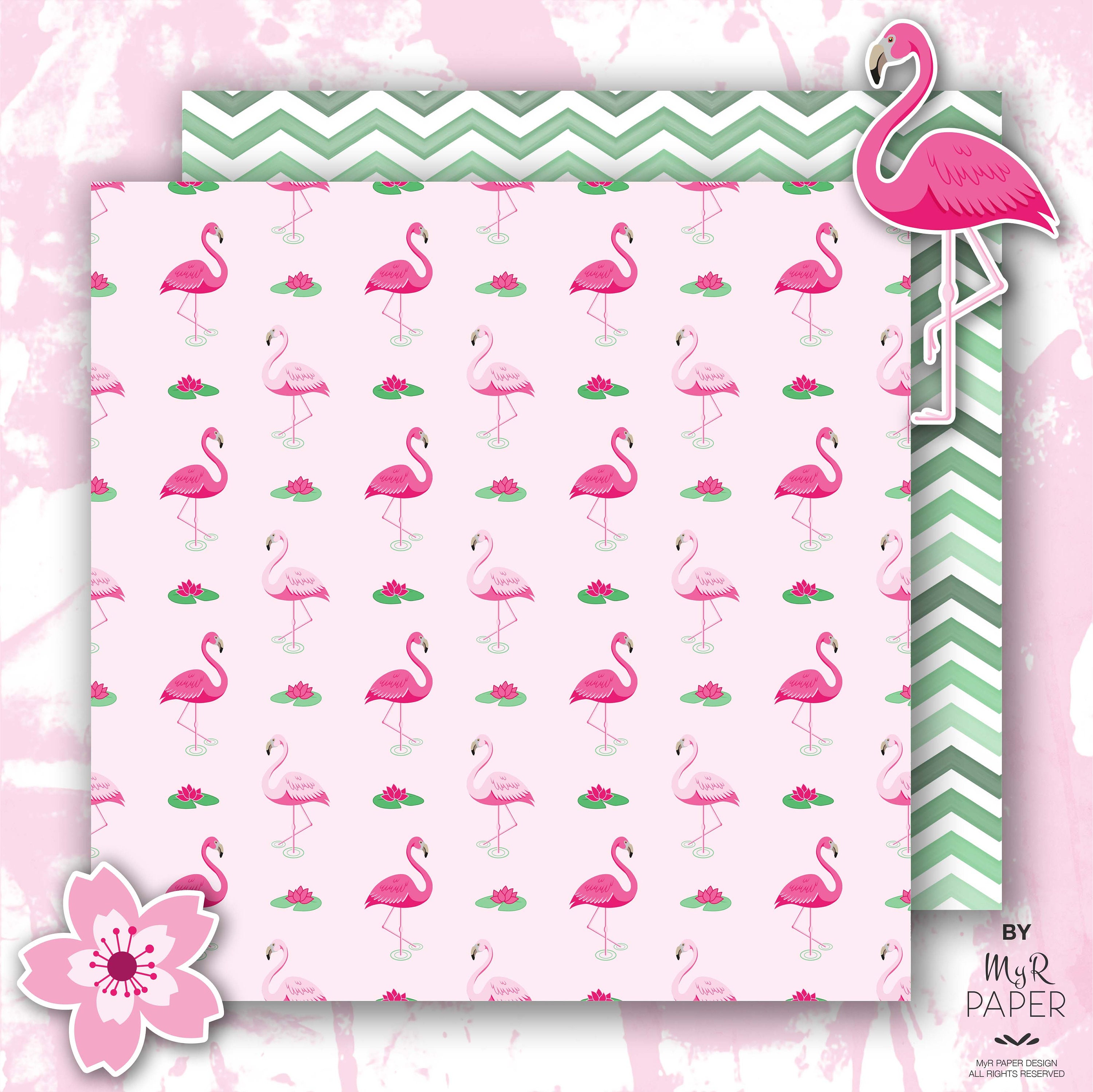 Flamingo Digital Paper 2 Clipart: pink & Green Tropical Backgrounds W ...