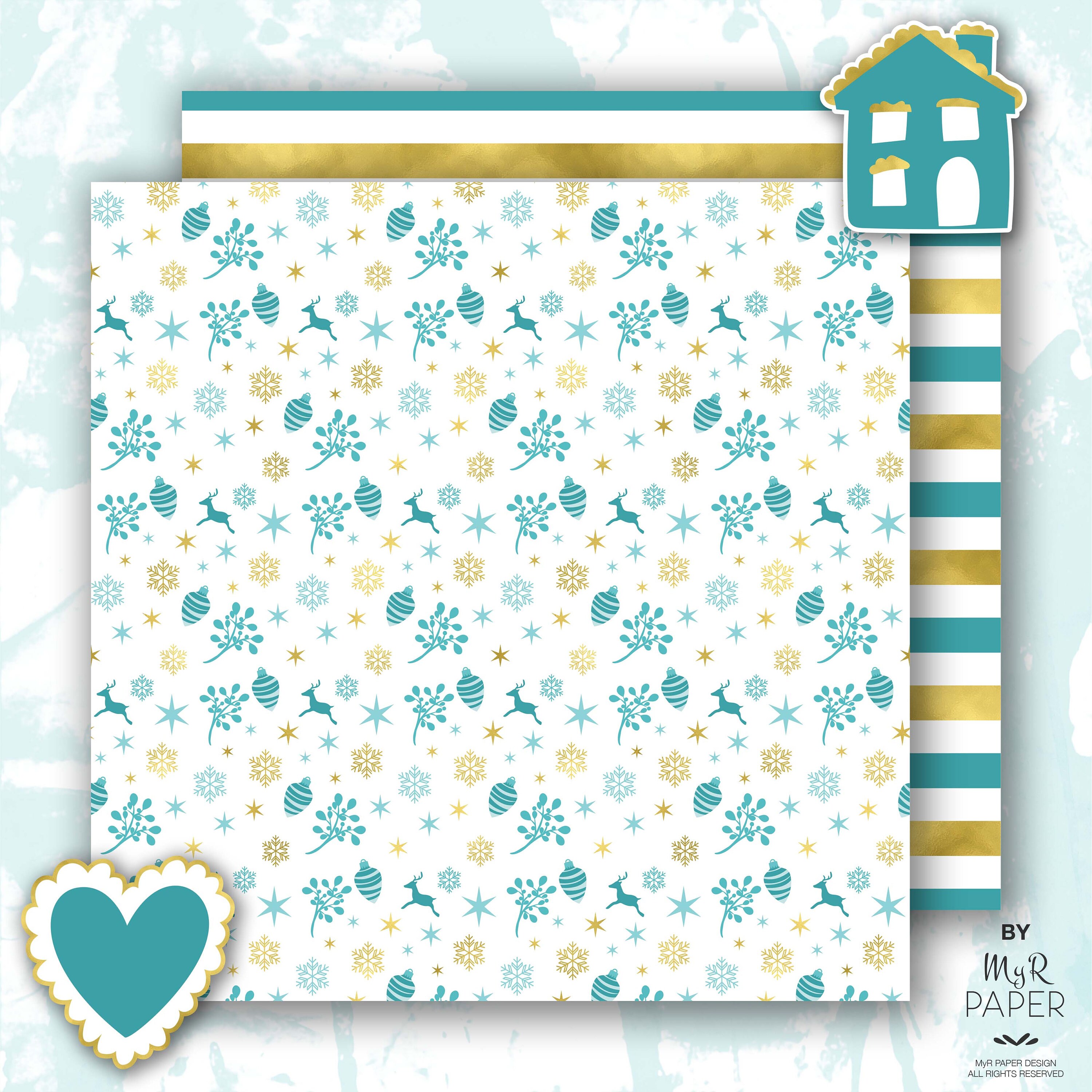 2 Clipart Christmas Digital Paper: green & Gold Xmas Backgrounds W ...