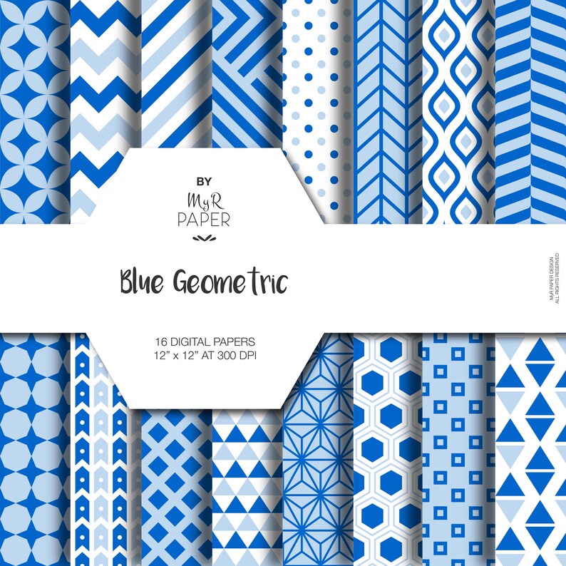 16 Geometric Digital Paper Pack: blue Geometric Geometric Patterns for ...