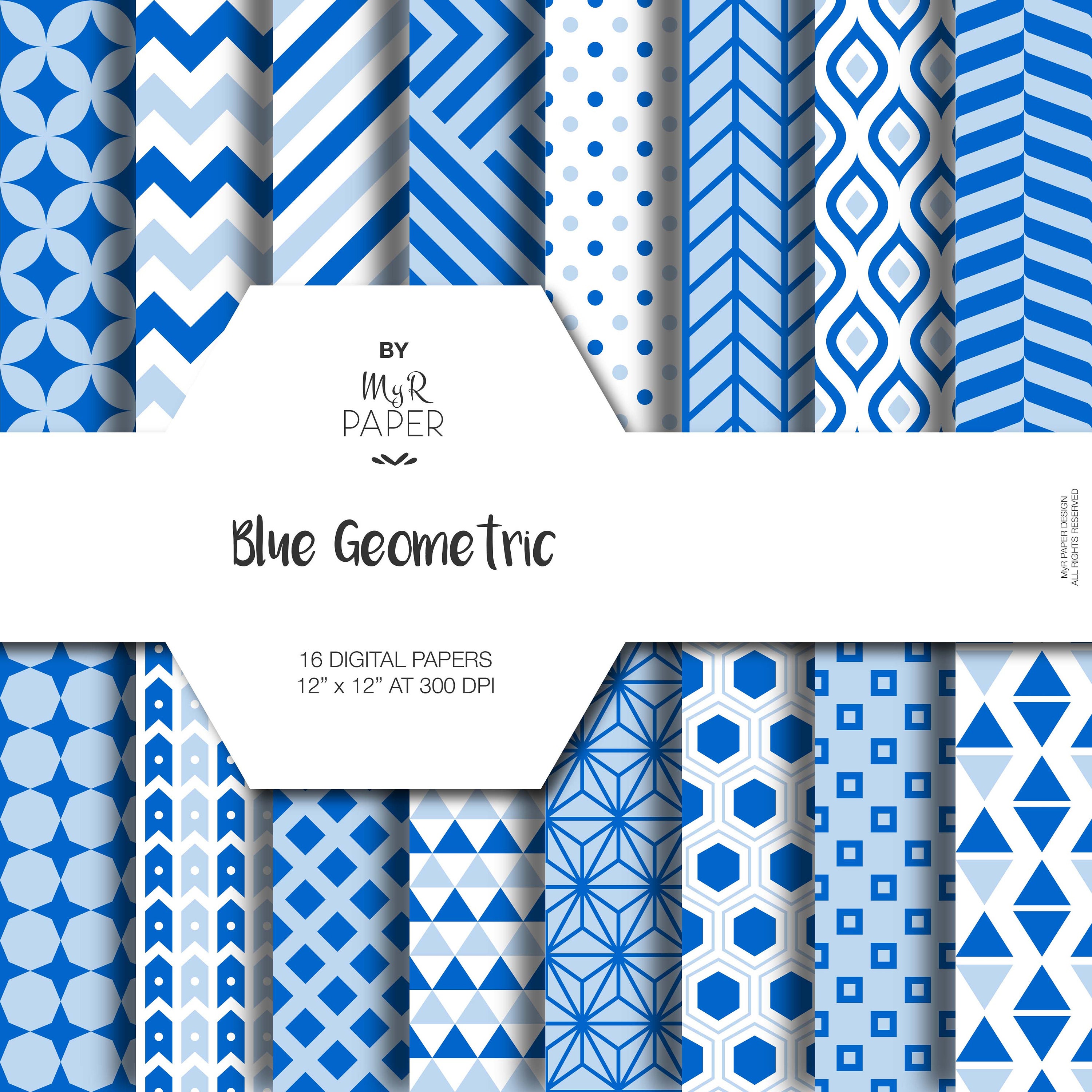 16 Geometric Digital Paper Pack: blue Geometric Geometric Patterns for ...