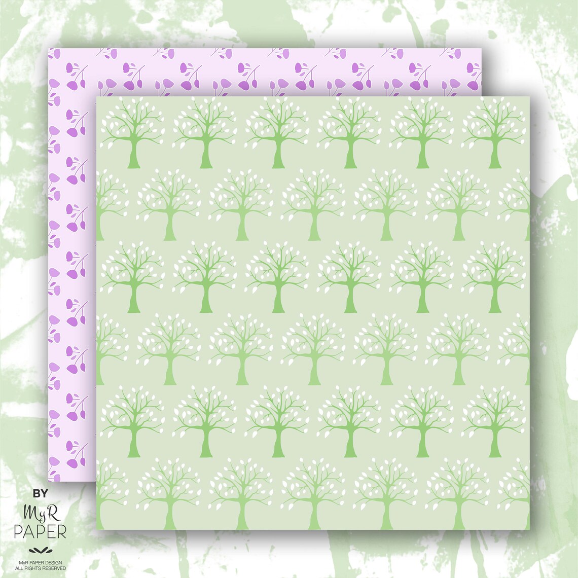 Tree Digital Paper: green & Lilac Digital Paper Pack and Backgrounds ...