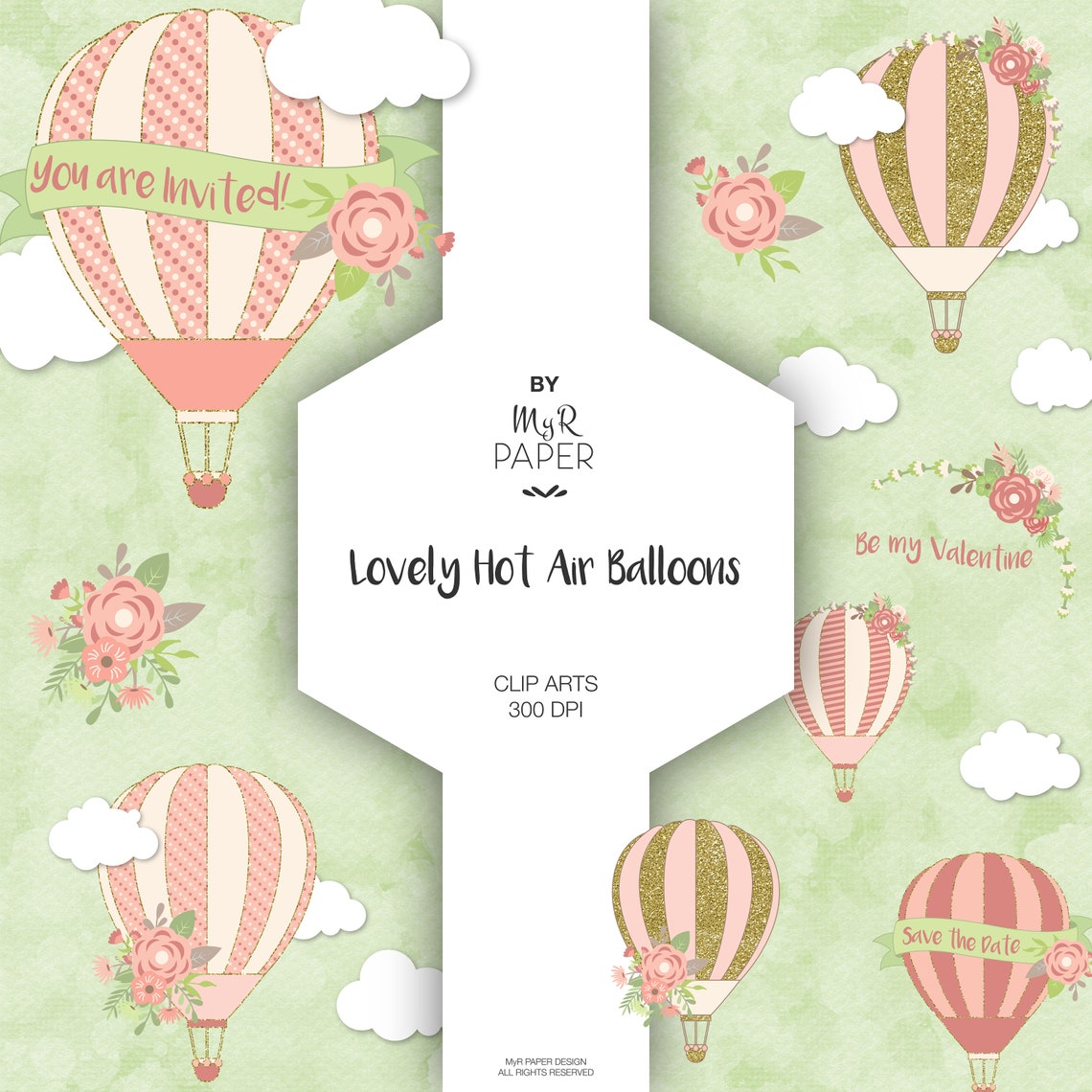 Hot Air Balloons Clip Art: lovely Hot Air Balloons Floral - Etsy