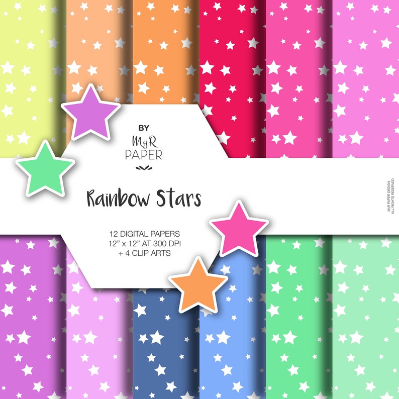 4 Clipart + Star Digital Paper Pack: "rainbow Stars" -printable ...