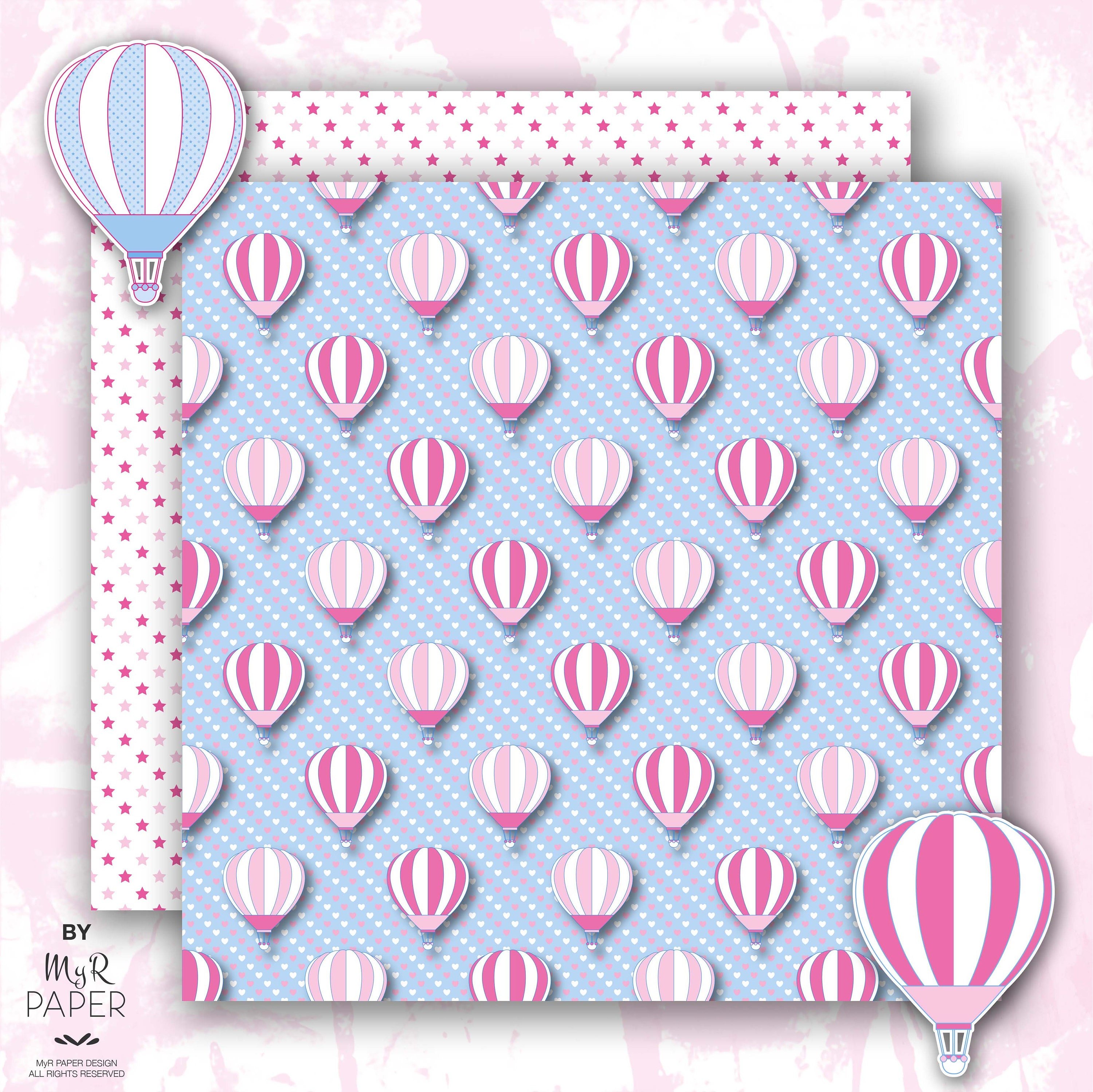 2 Clipart Hot Air Balloons Digital Paper: pink & Blue for Scrapbooking ...