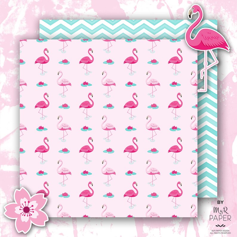 Flamingo Digital Paper 2 Clipart: pink & Turquoise Tropical Backgrounds ...