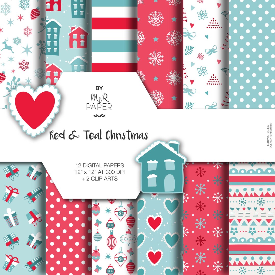 2 Clipart Papel Digital de Navidad: Fondos de Navidad Rojo y Teal con ...