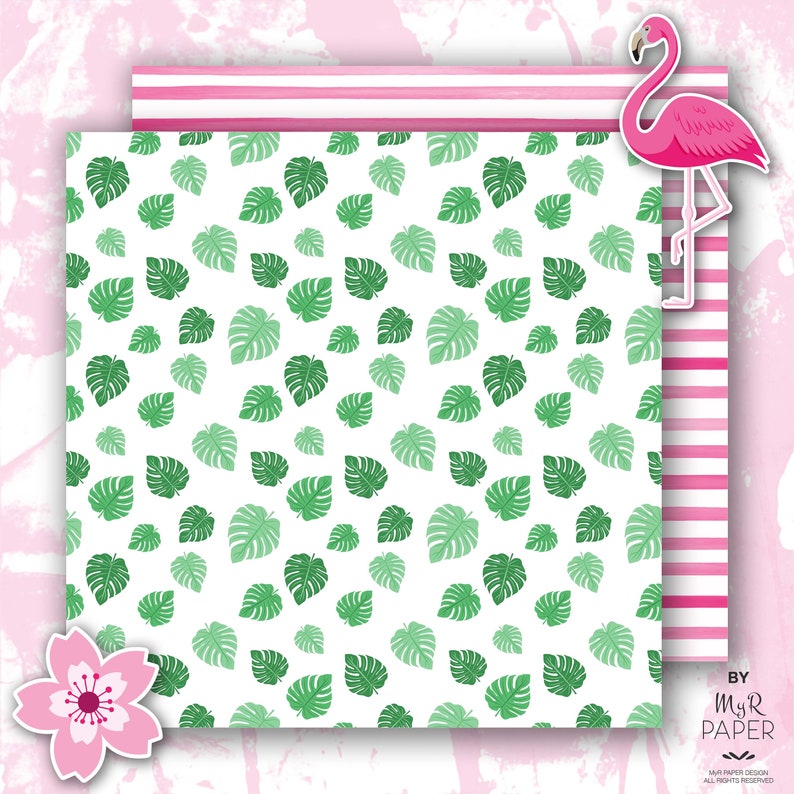 Flamingo Digital Paper 2 Clipart: pink & Green Tropical Backgrounds W ...