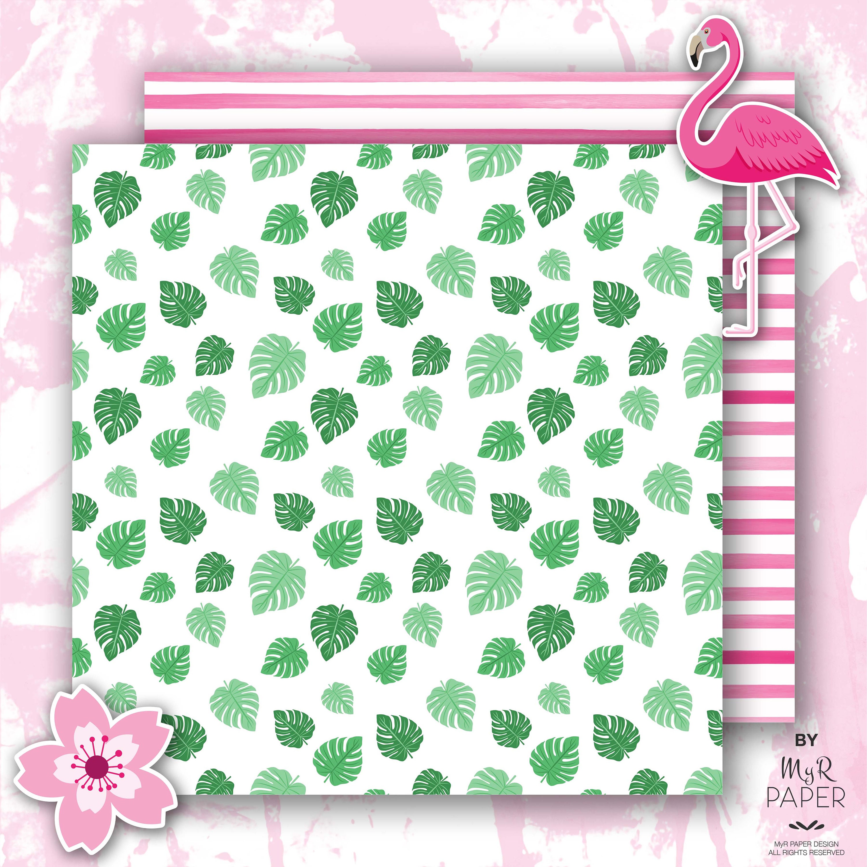 Flamingo Digital Paper 2 Clipart: pink & Green Tropical Backgrounds W ...