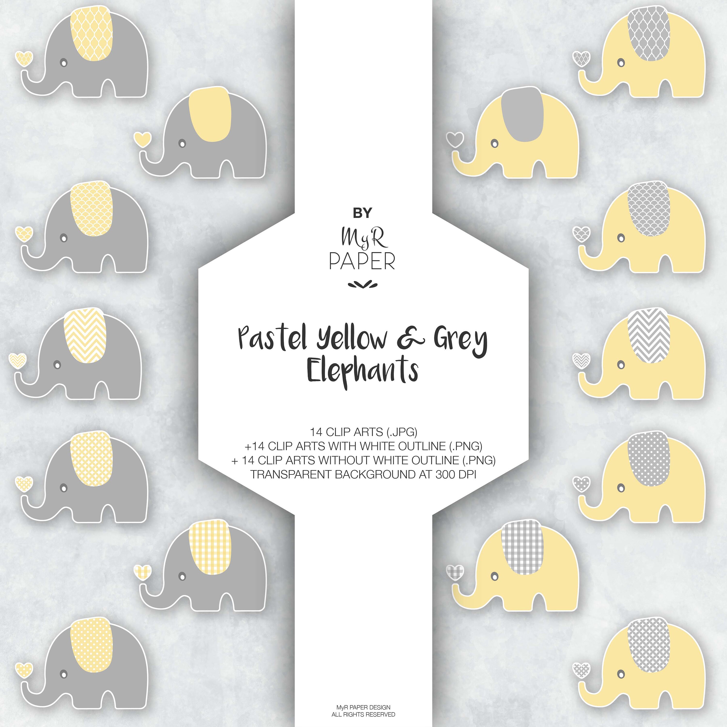 Elephant Clipart: pastel Yellow & Gray Elephants on Transparent ...