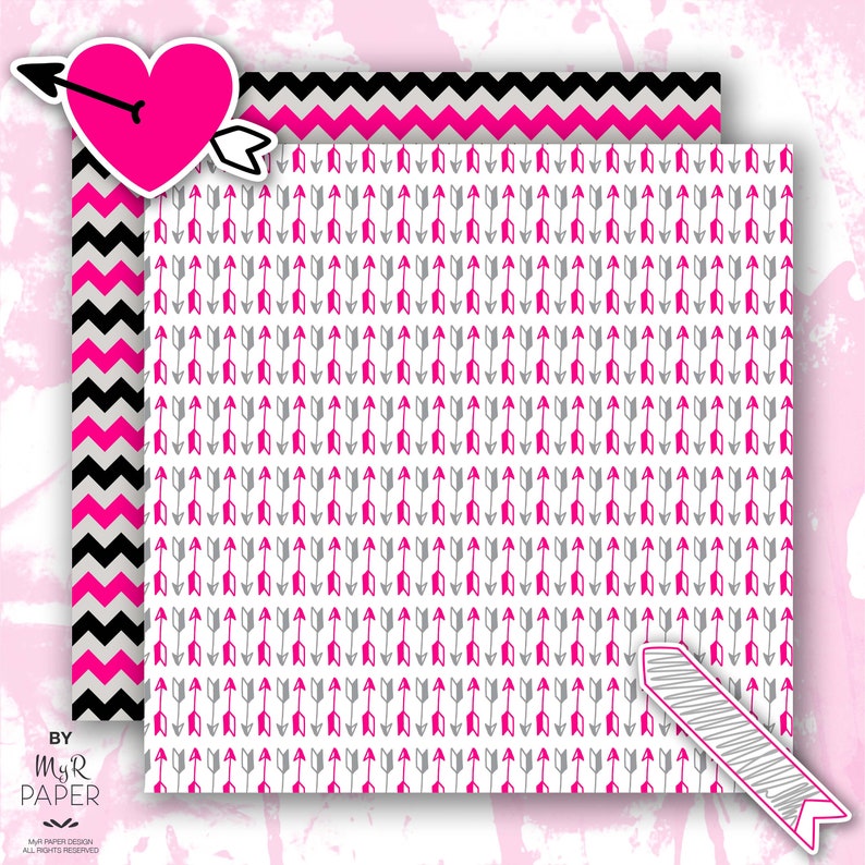 2 Clipart + Arrow Digital Paper: "black, Hot Pink & Grey Arrows ...