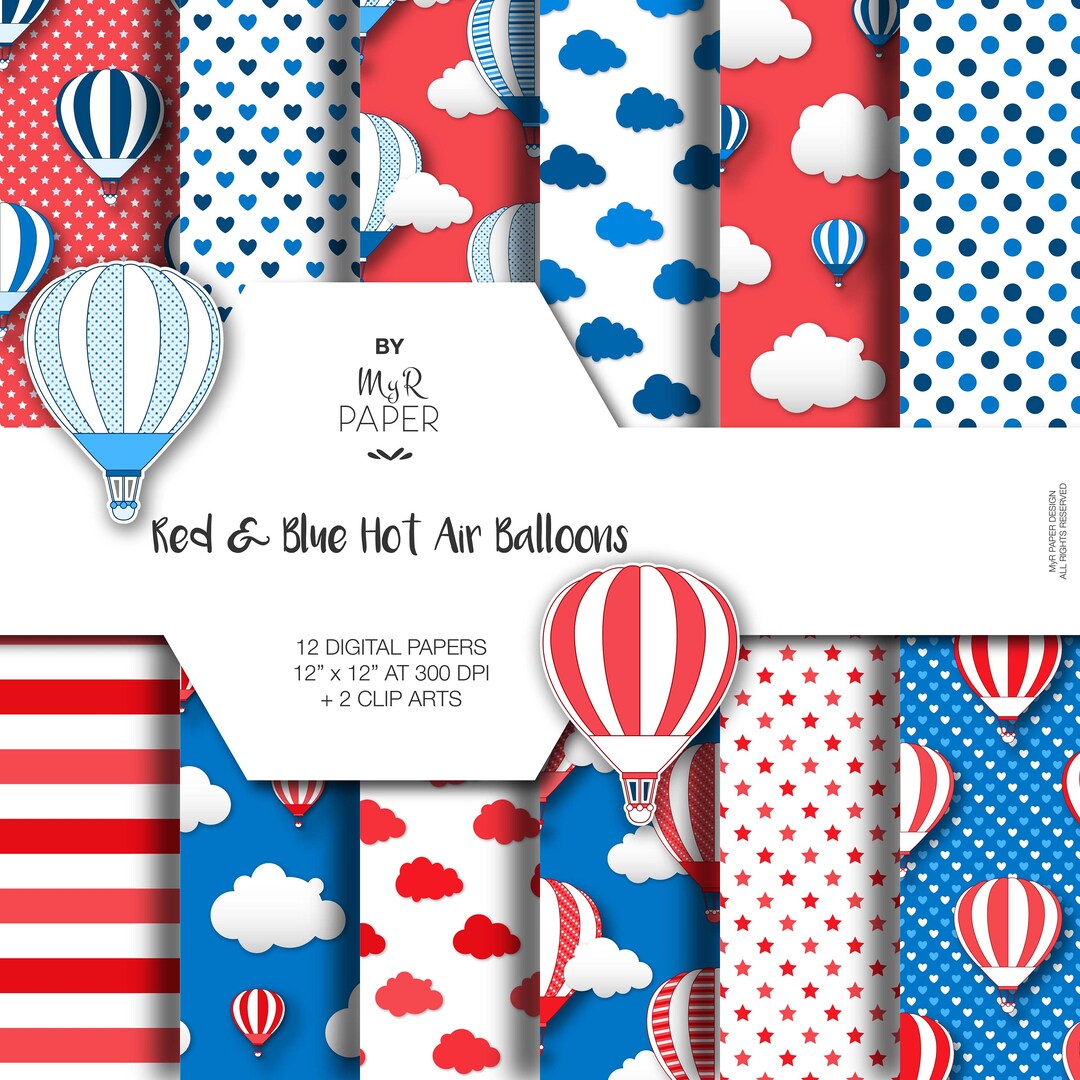 2 Clipart Hot Air Balloons Digital Paper: red & Blue for Scrapbooking ...