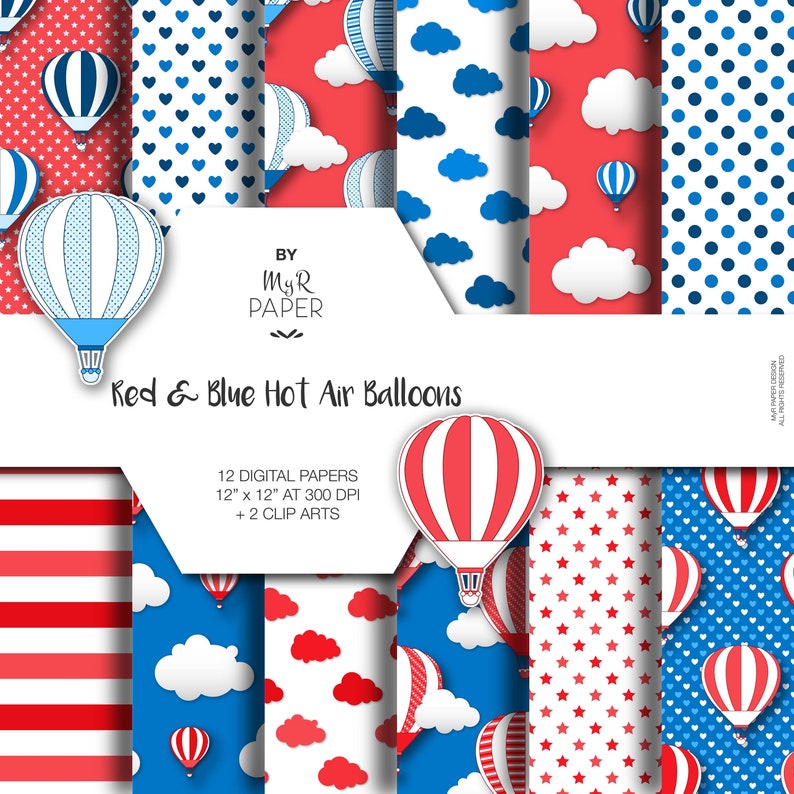 2 Clipart Hot Air Balloons Digital Paper: red & Blue for Scrapbooking ...