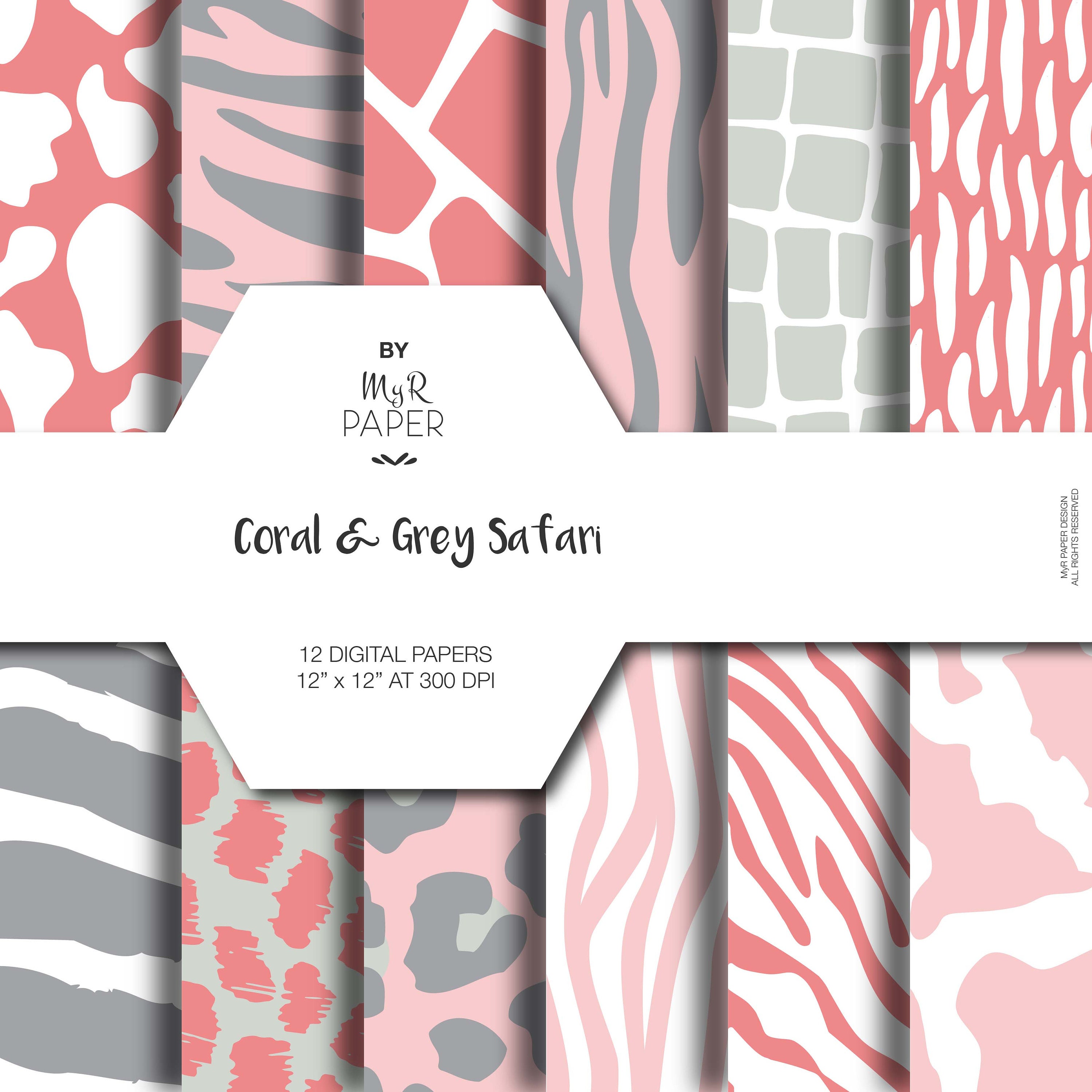 Animal Digital Paper: "coral & Grey Safari" Patterns - Jungle, Zoo ...