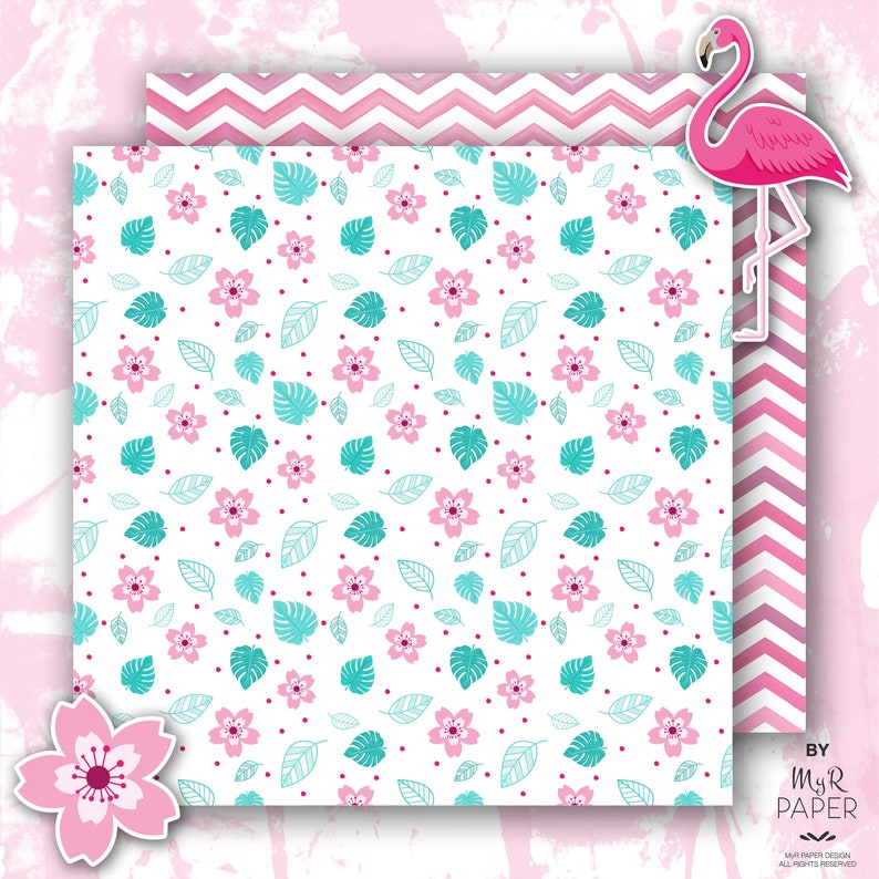 Flamingo Digital Paper 2 Clipart: pink & Turquoise Tropical Backgrounds ...