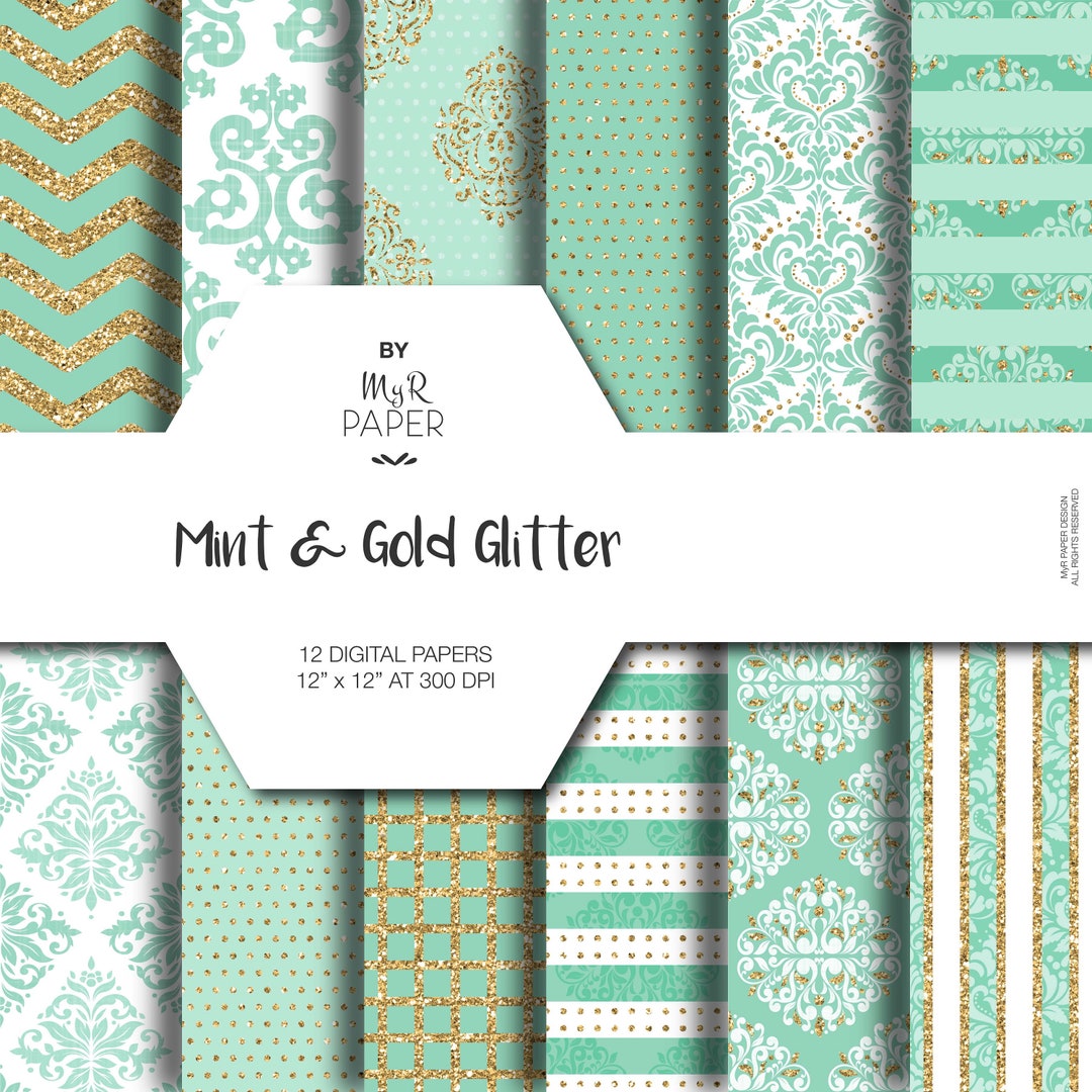 Glitter Digital Paper: mint & Gold Glitter Dots, Damask, Chevron ...