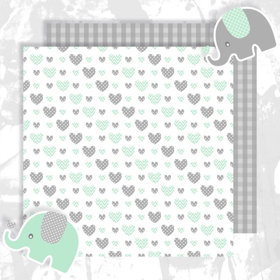 Elephant digital paper perfect for Baby Shower Mint & Gray elephants ...