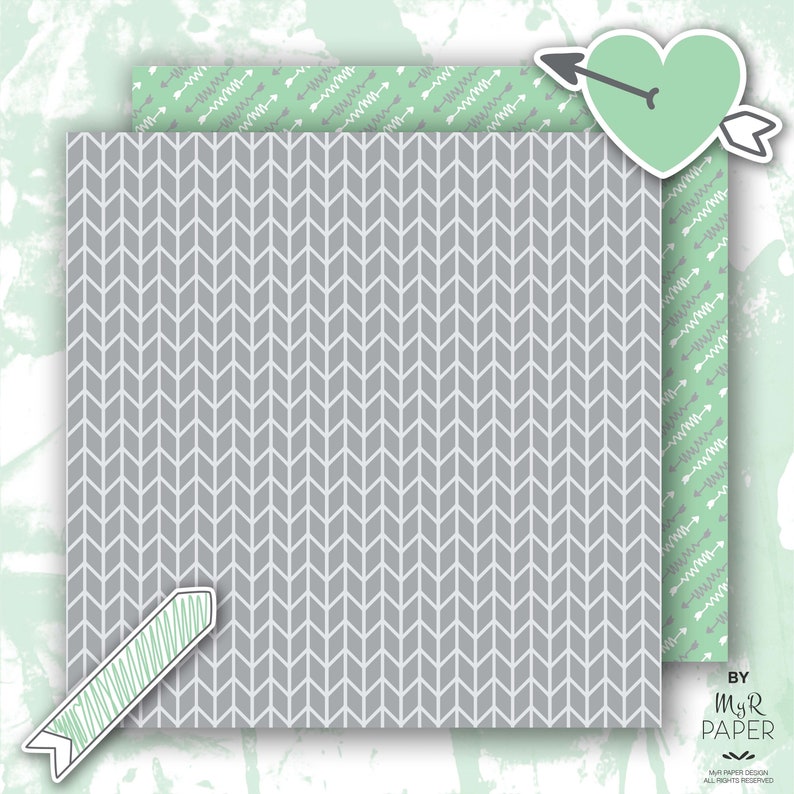 2 Clipart Arrow Digital Paper: gray & Mint Arrows Backgrounds in Light ...