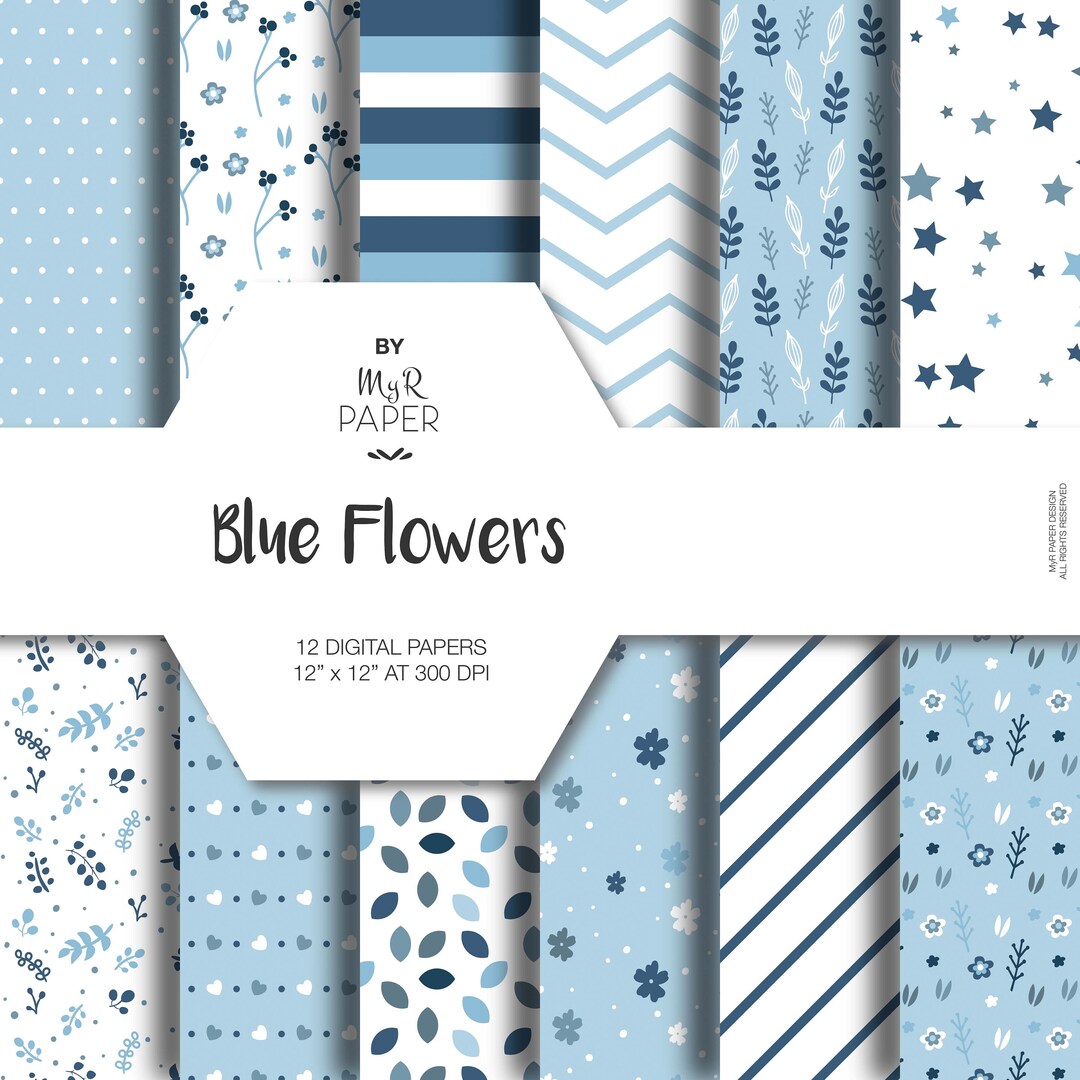 Blue Digital Paper: blue Flowers Pack of Backgrounds With Floral ...
