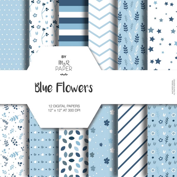 Blue Digital Paper: blue Flowers Pack of Backgrounds With Floral ...