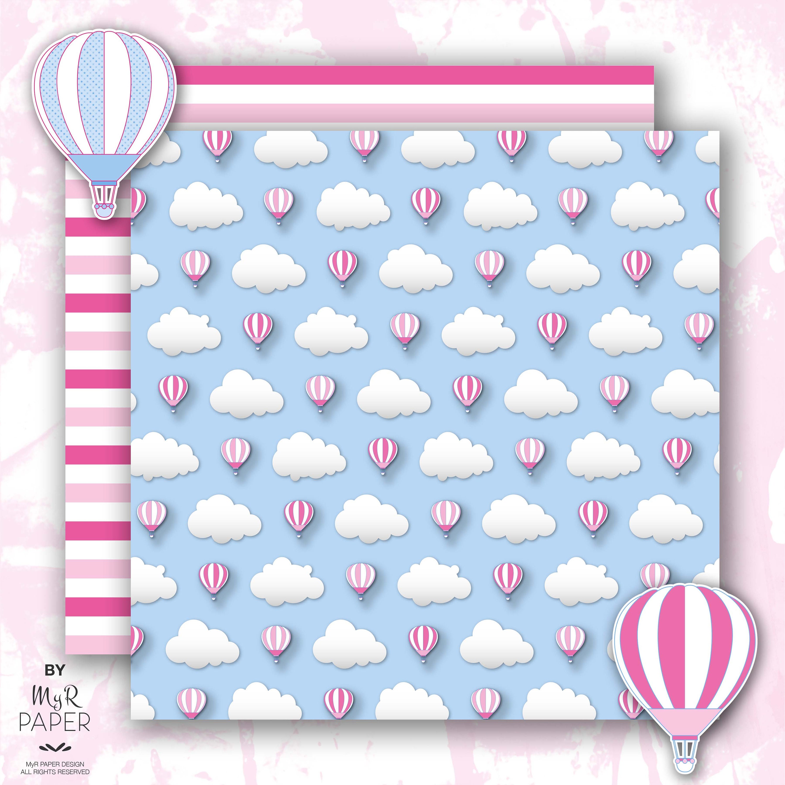 2 Clipart Hot Air Balloons Digital Paper: pink & Blue for Scrapbooking ...