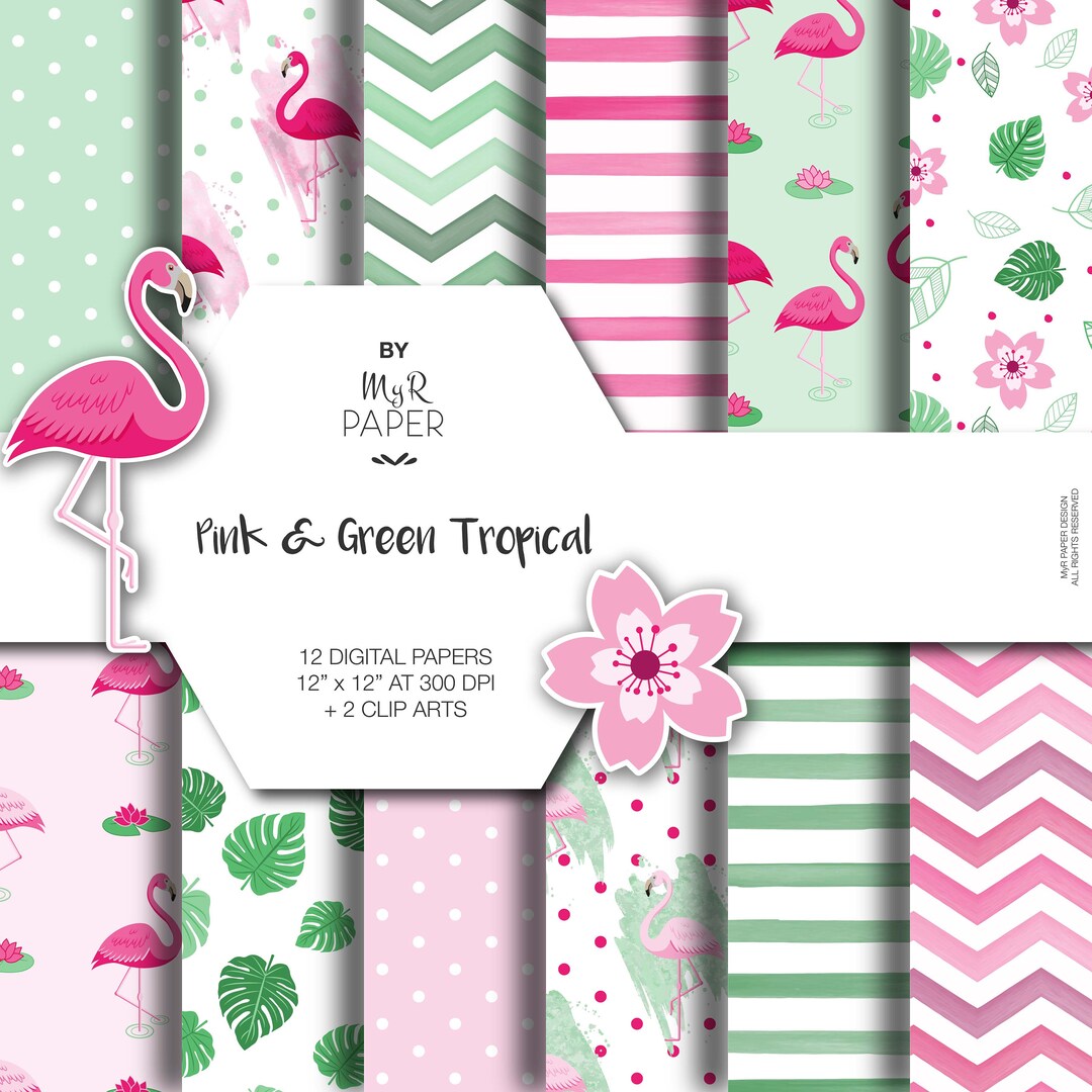 Flamingo Digital Paper 2 Clipart: pink & Green Tropical Backgrounds W ...