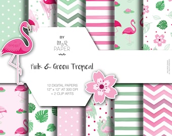Flamingo Digital Paper 2 Clipart: purple & Green | Etsy