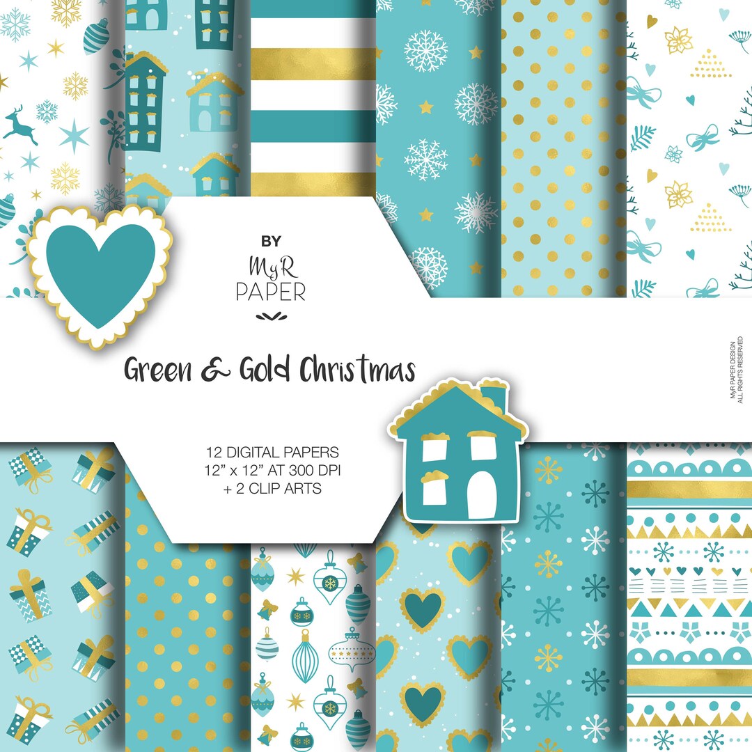 2 Clipart Christmas Digital Paper: green & Gold Xmas Backgrounds W ...