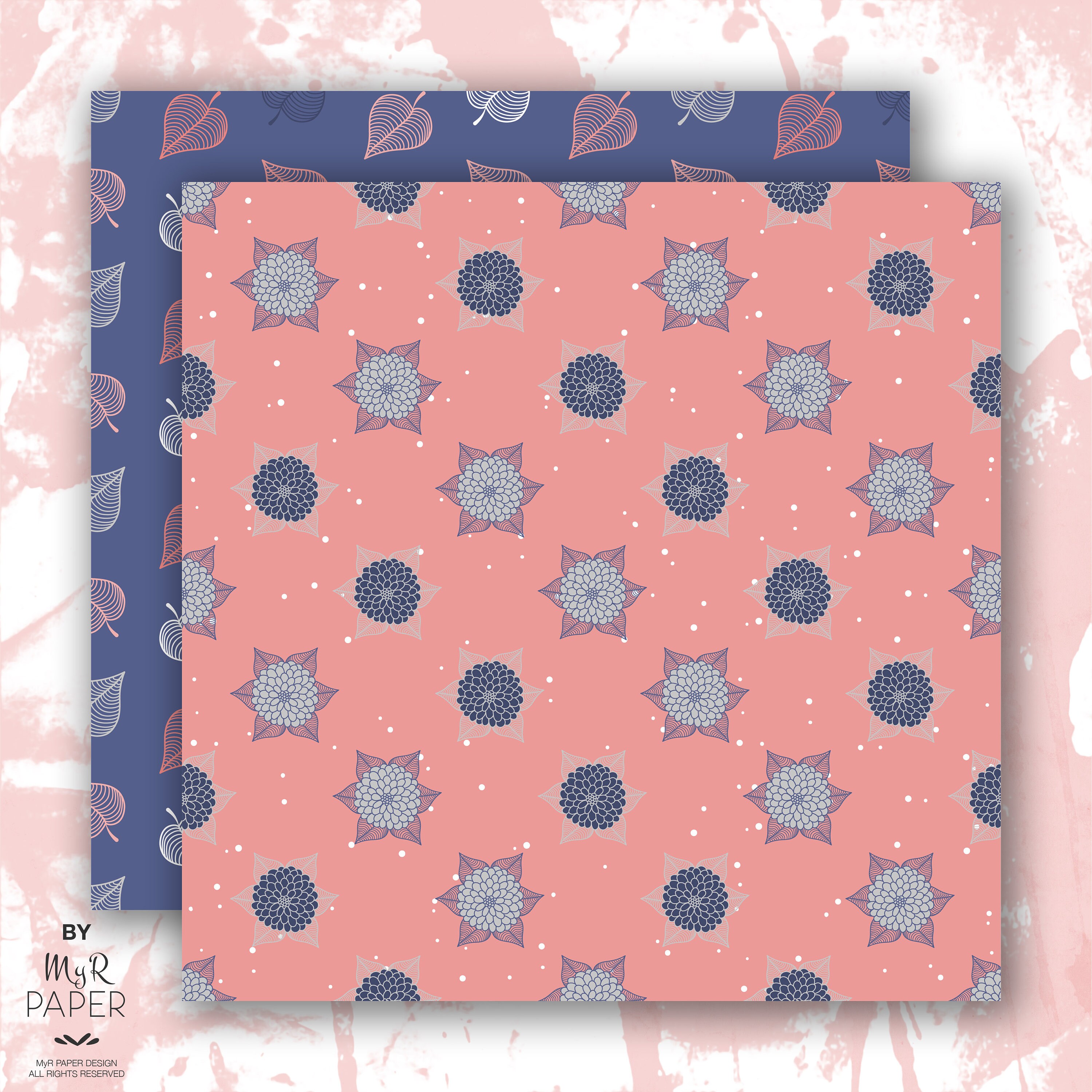 Floral digital paper: Coral & Blue Dahlias Scrapbook Paper Printable ...