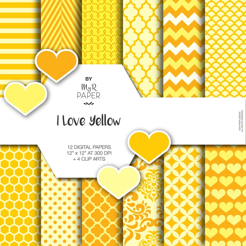 4 Clipart Yellow Digital Paper: i LOVE Yellow Pack of Backgrounds With ...