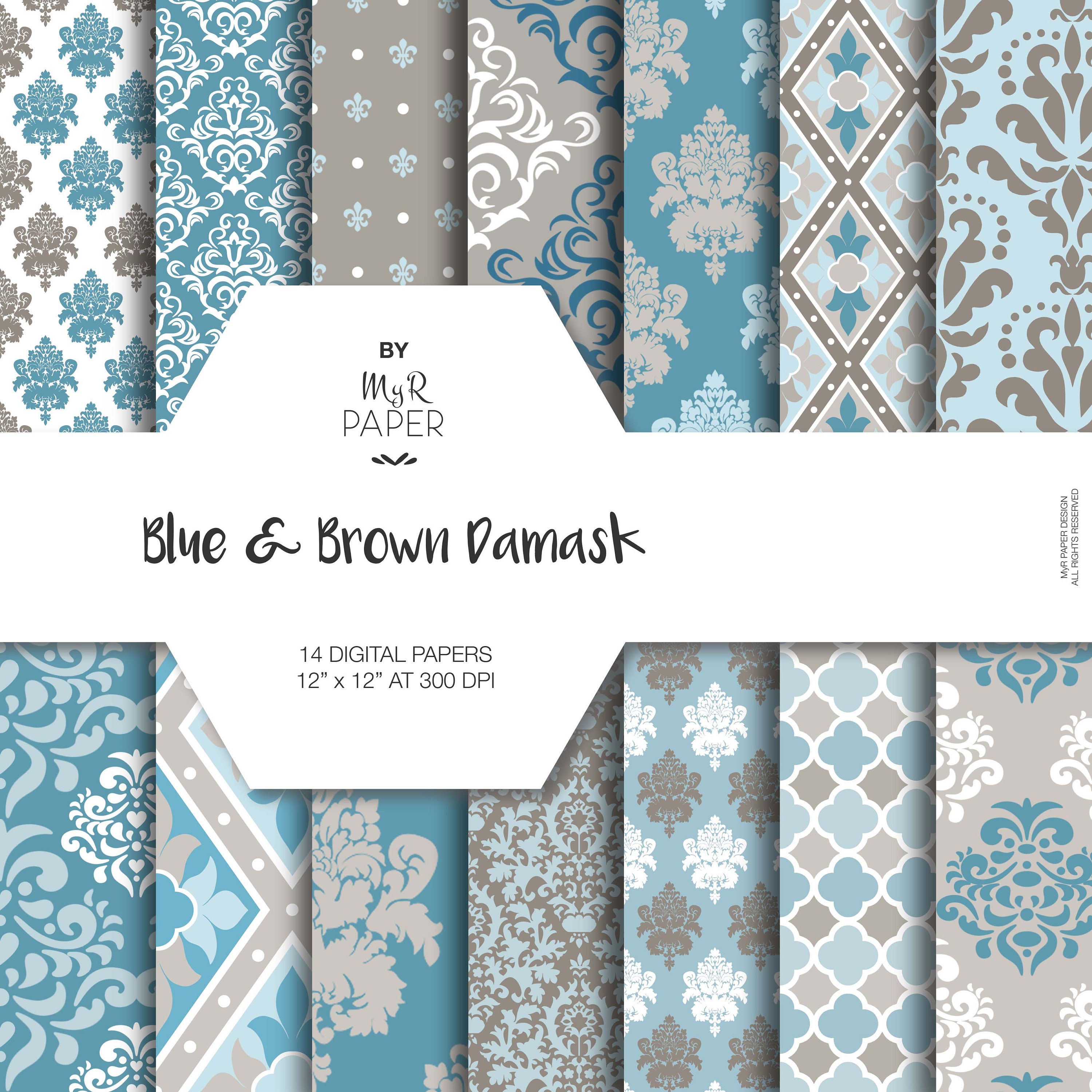 Damask digital paper: Blue & Brown Damask grey | Etsy
