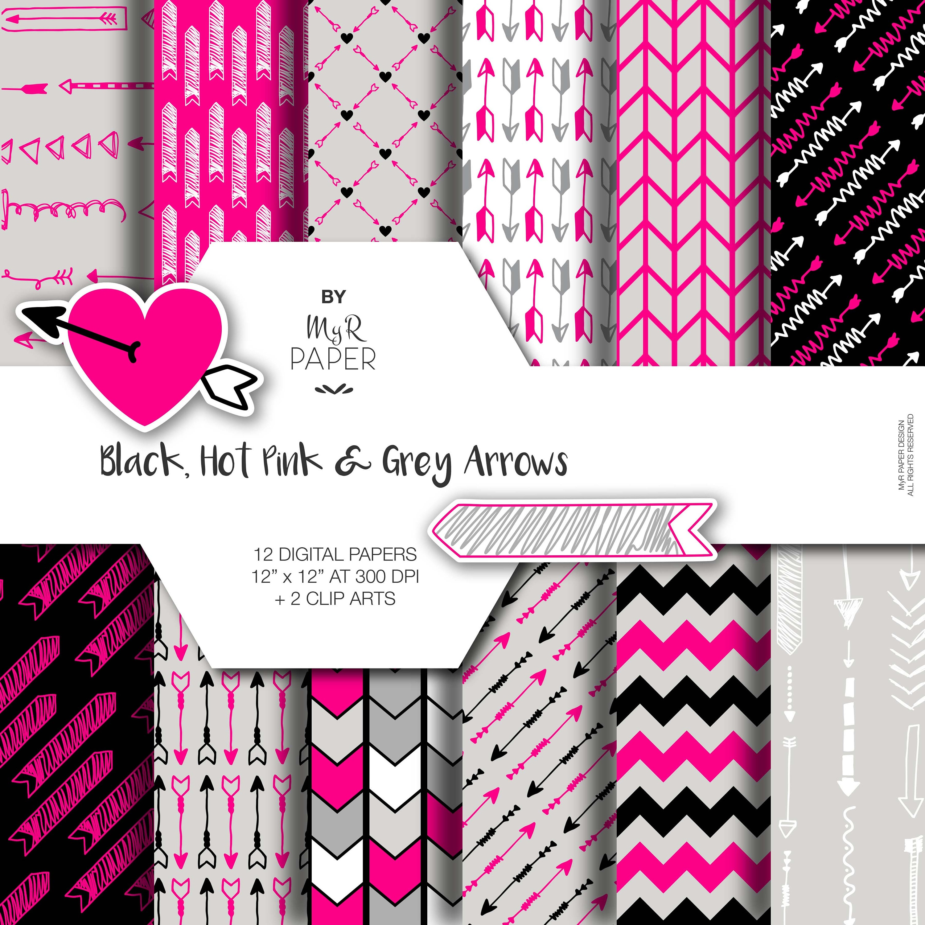 2 Clipart + Arrow Digital Paper: "black, Hot Pink & Grey Arrows ...