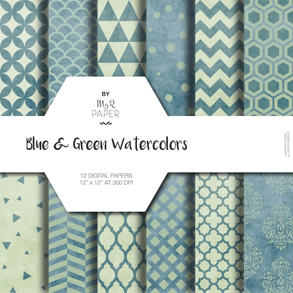 Watercolor Digital Paper: blue & Green for - Etsy
