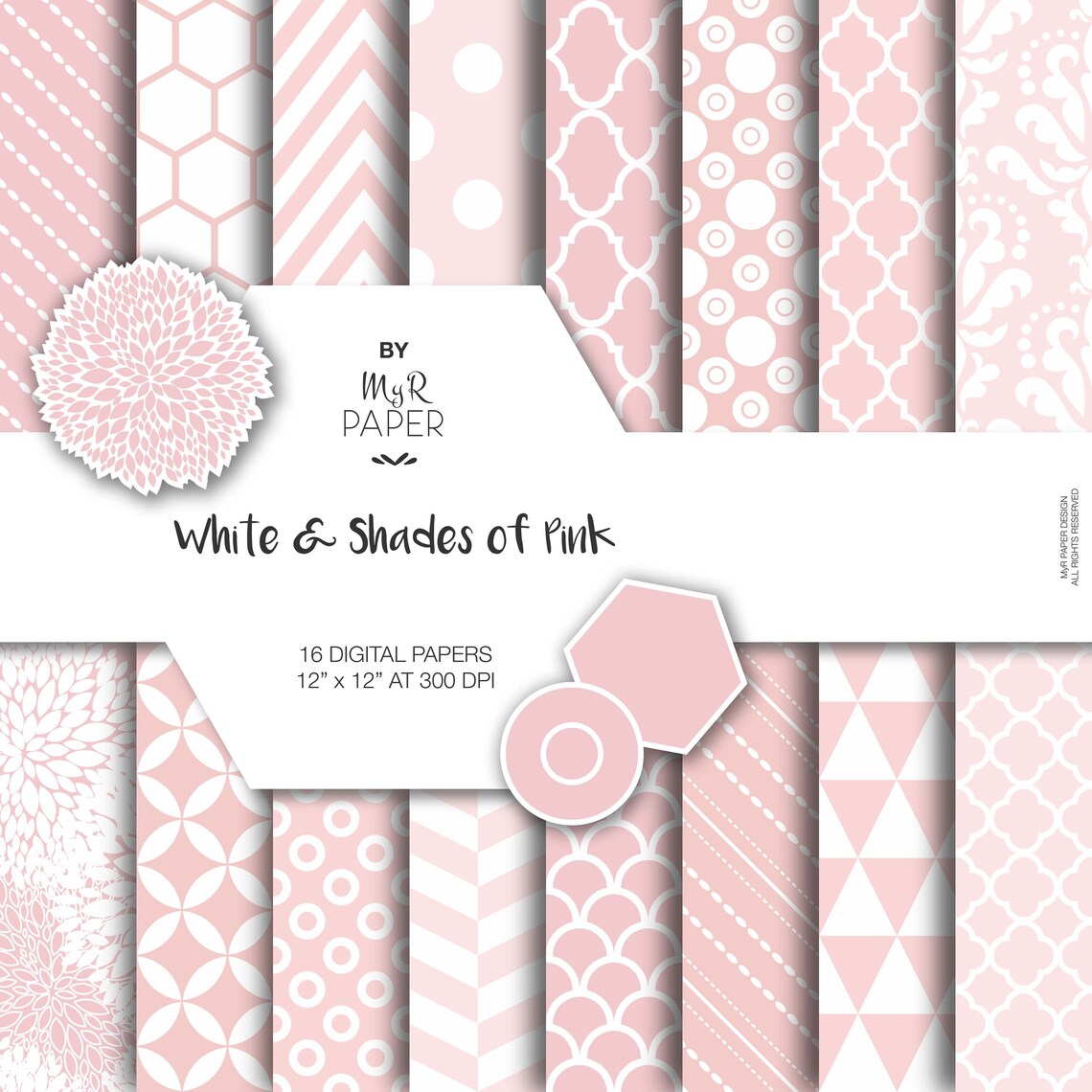 Digital Paper: shades of Pink With Soft Pink & White, Pastels, Chevron ...