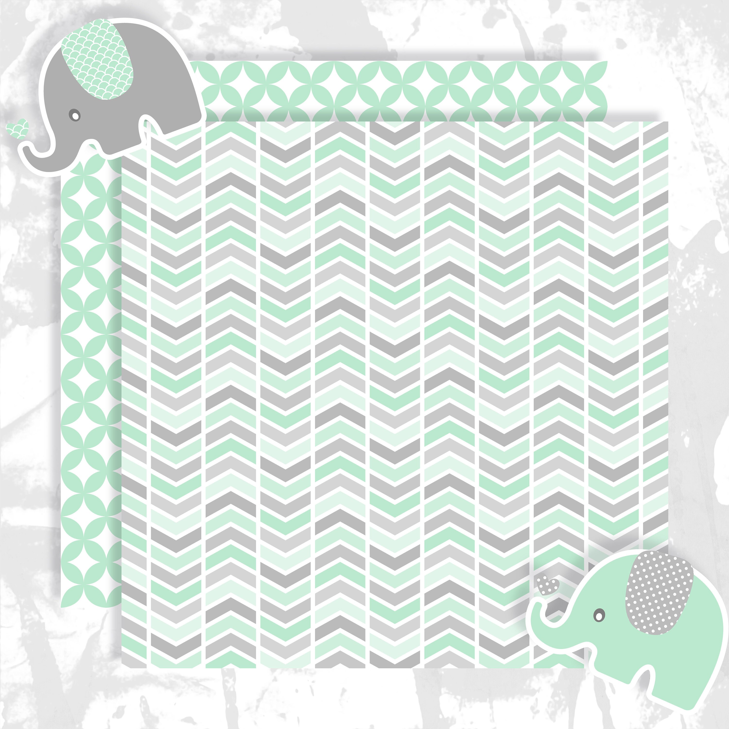 Elephant digital paper perfect for Baby Shower Mint & Gray elephants ...