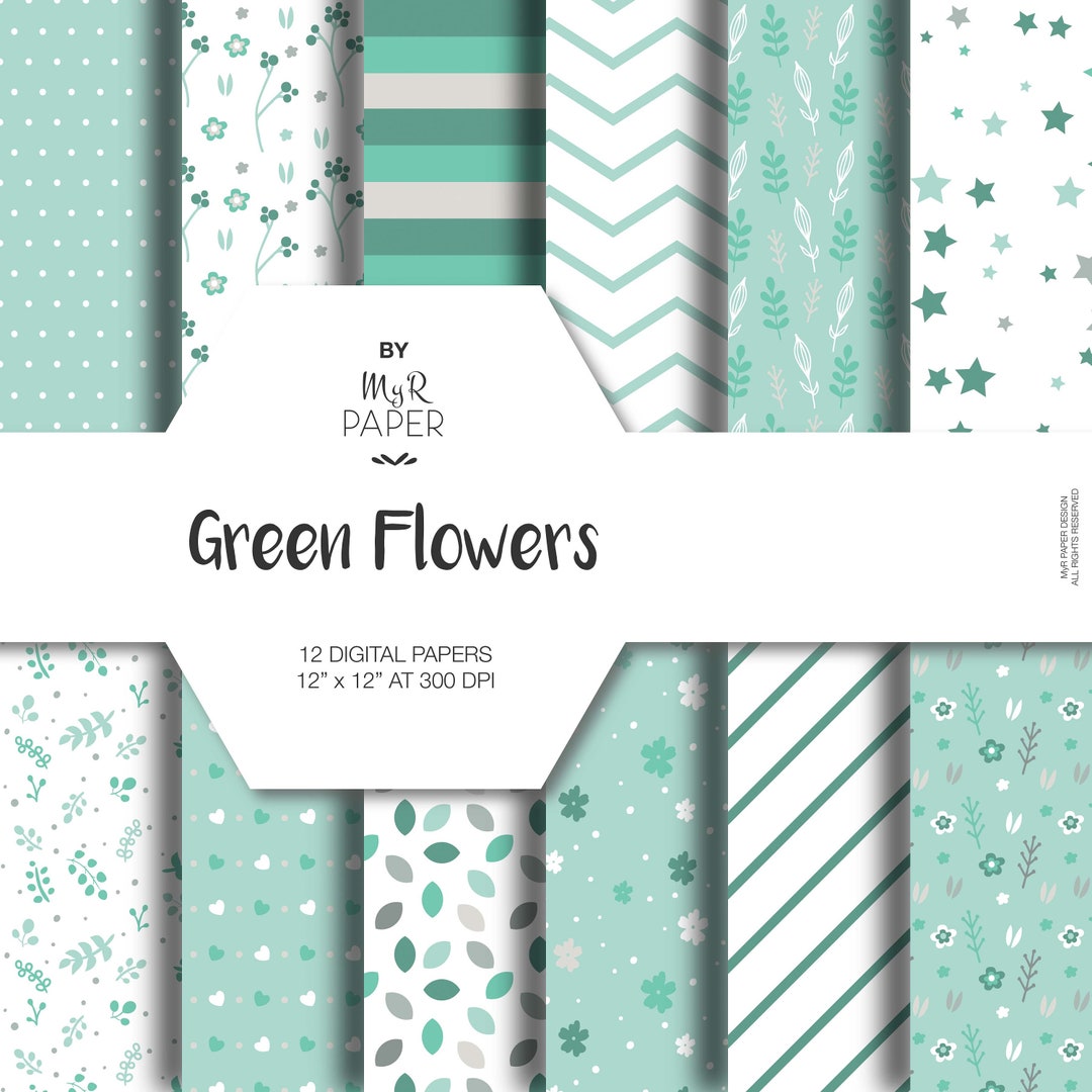 Green Digital Paper: green Flowers Pack of Backgrounds With Floral ...