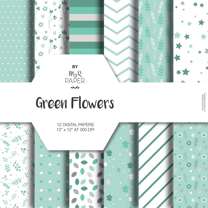 Green Digital Paper: green Flowers Pack of Backgrounds With Floral ...