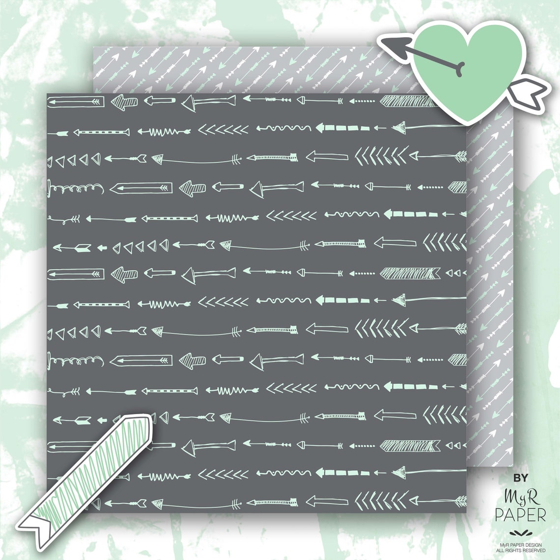 2 Clipart Arrow Digital Paper: gray & Mint Arrows Backgrounds in Light ...
