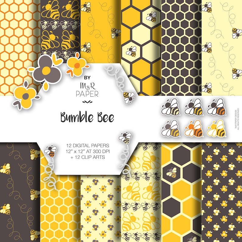 12 Clipart + Bee Digital Paper: "bumble Bee" Backgrounds With Bees ...