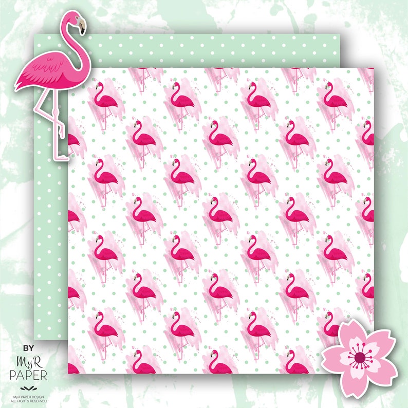 Flamingo Digital Paper 2 Clipart: pink & Green Tropical Backgrounds W ...