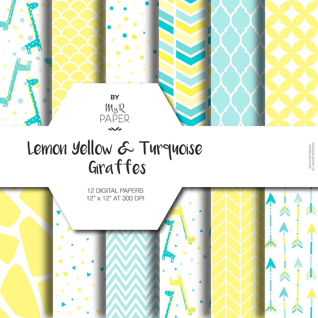 Giraffe Digital Paper: lemon Yellow & Turquoise Giraffes Pack of ...