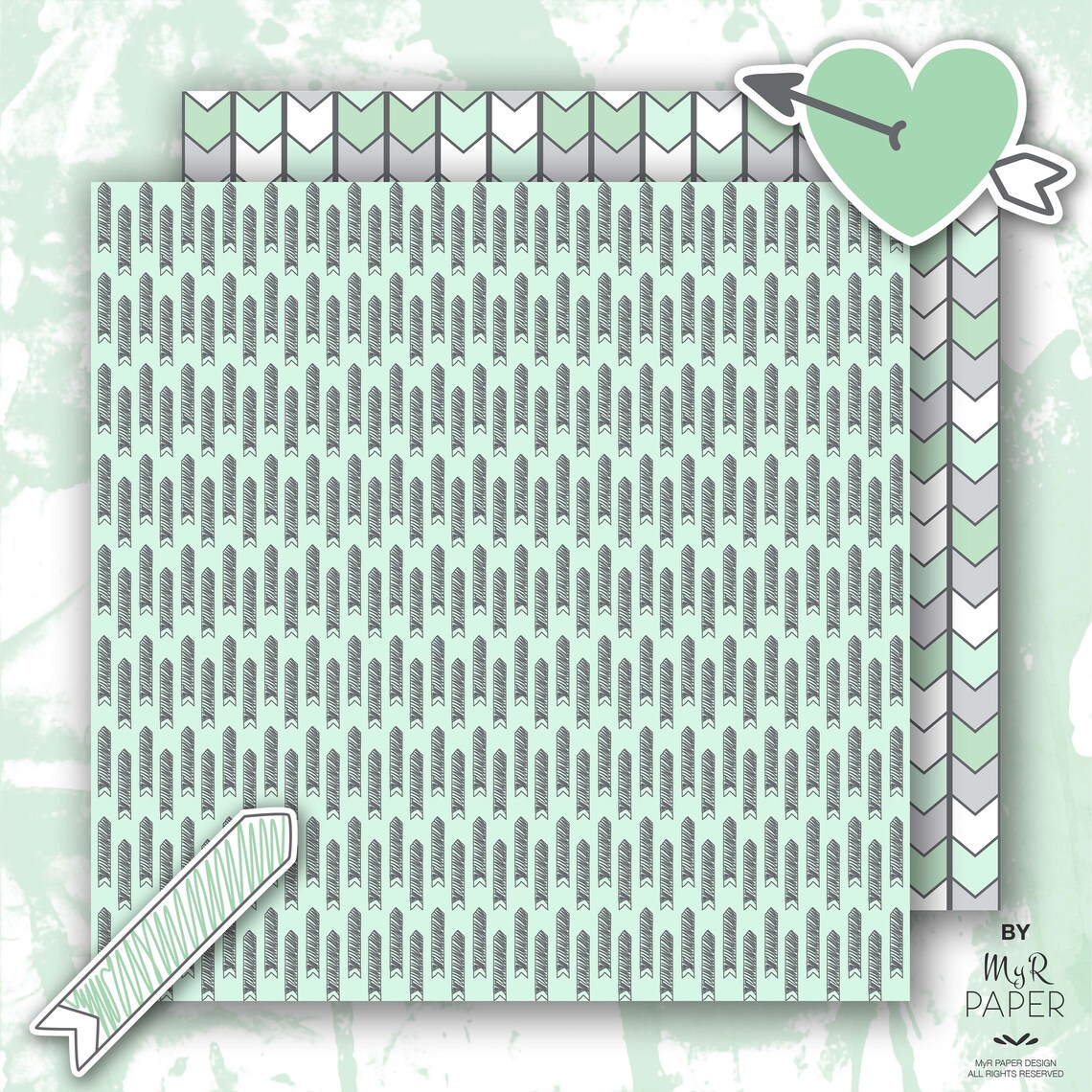 2 Clipart Arrow Digital Paper: gray & Mint Arrows Backgrounds in Light ...