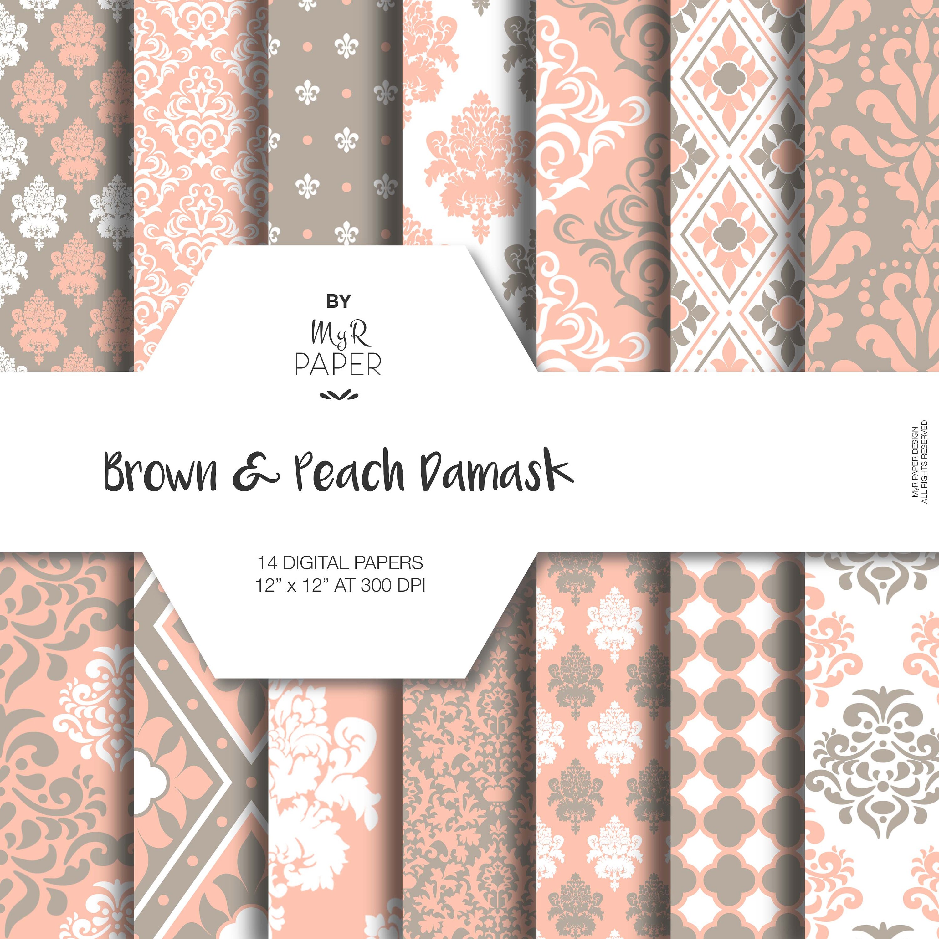 Damask Digital Paper: brown & Peach Pack of Damask | Etsy