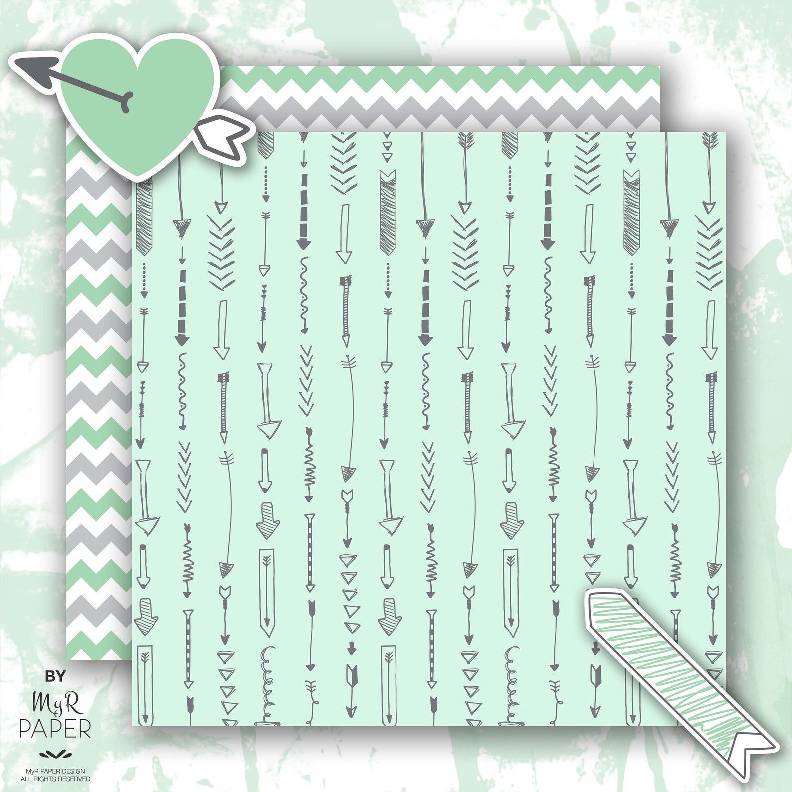 2 Clipart Arrow Digital Paper: gray & Mint Arrows Backgrounds in Light ...