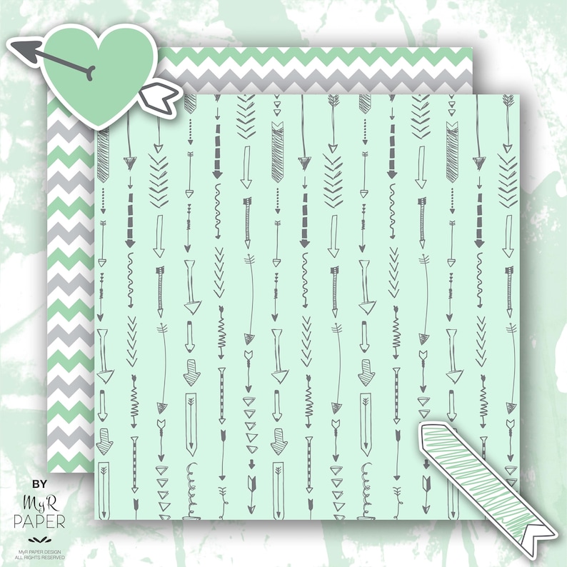 2 Clipart Arrow Digital Paper: gray & Mint Arrows Backgrounds in Light ...